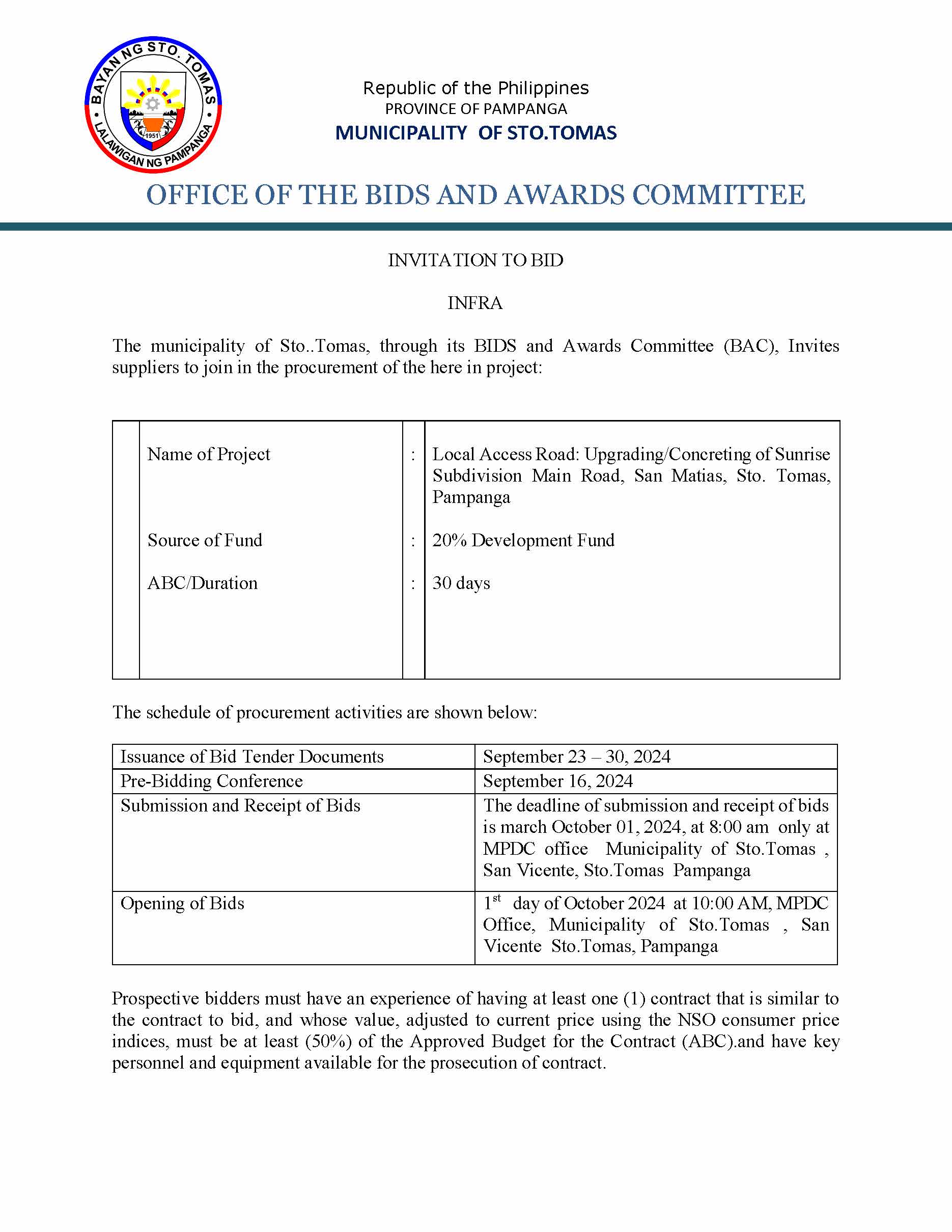 Bids and Awards: Local Access Road: Upgrading/Concreting of Sunrise ...