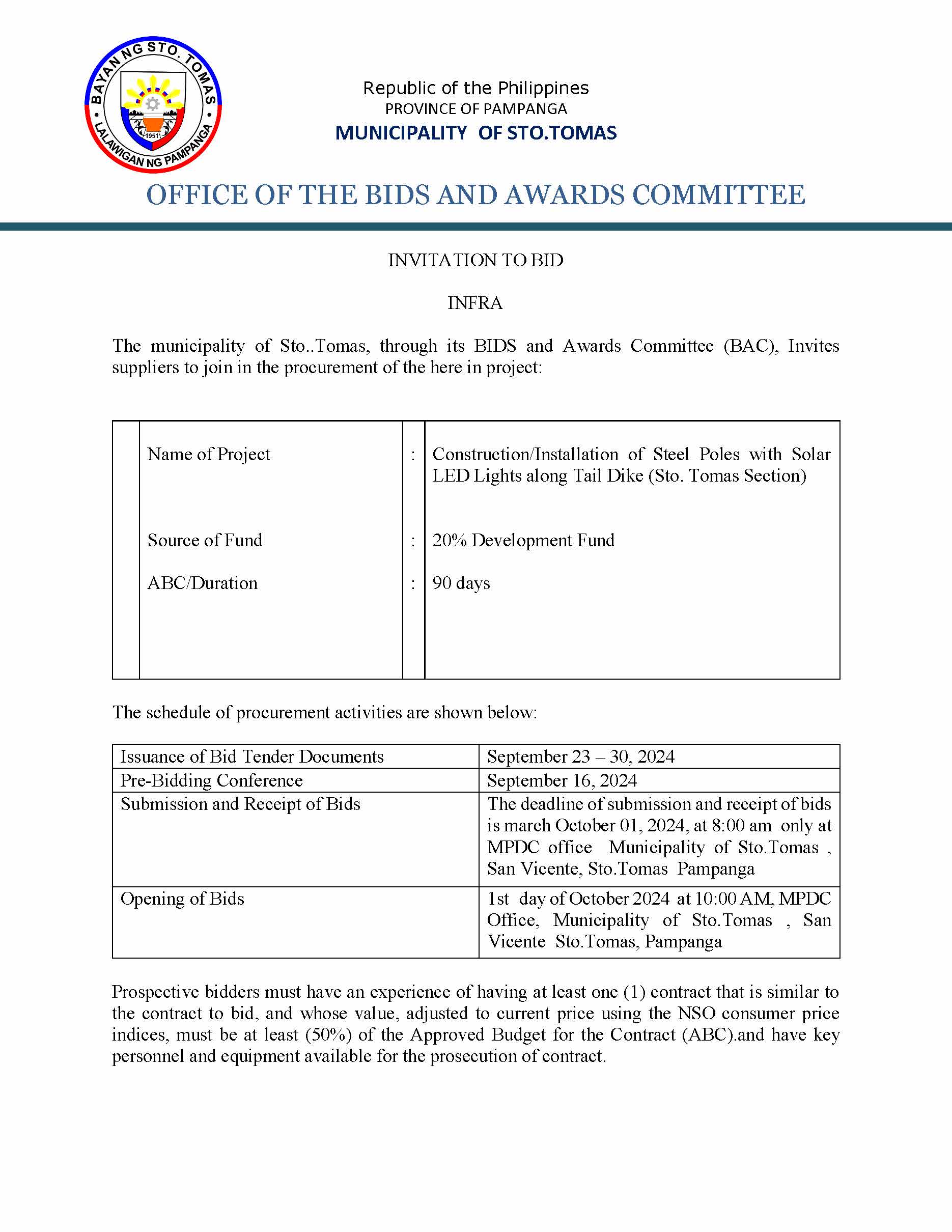 Bids and Awards: ITB Installation of Steel Poles with Solar LED Lights ...